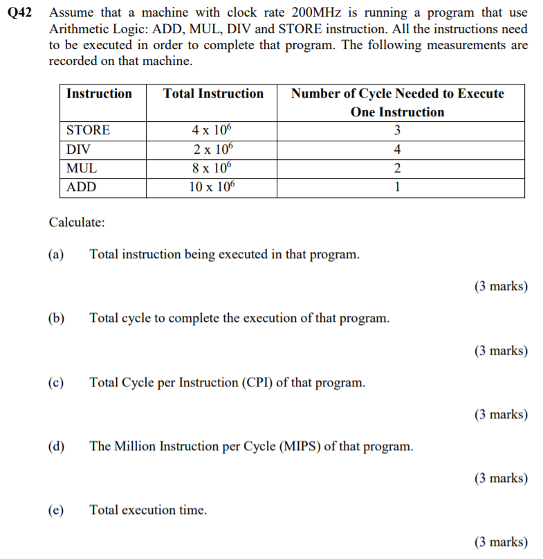 Solved Q42 Assume that a machine with clock rate 200MHz is | Chegg.com