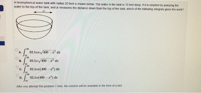 Solved A hemispherical water tank wth radius 20 feet is | Chegg.com