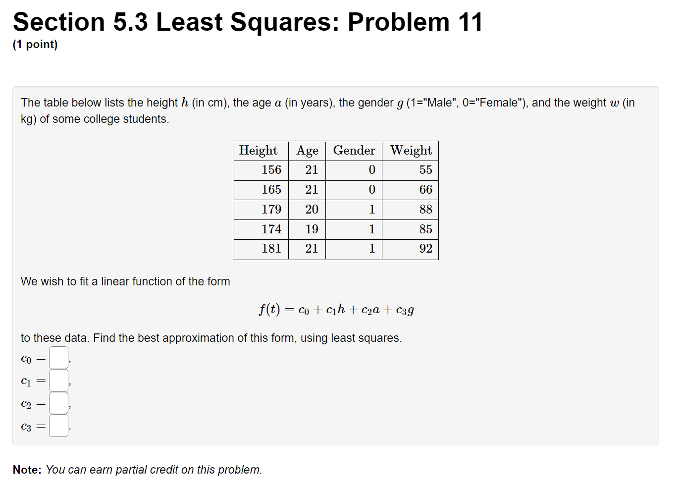 Solved Section 5.3 Least Squares: Problem 11 (1 point) The | Chegg.com