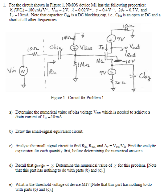 Solved For the circuit shown in Figure 1, NMOS device M1 has | Chegg.com
