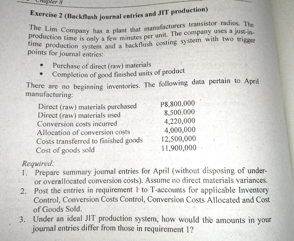 Solved . Exercise 2 (Backflush journal entries and JIT | Chegg.com