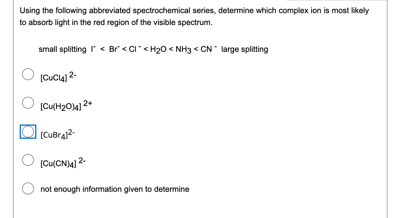 Solved Using the following abbreviated spectrochemical | Chegg.com