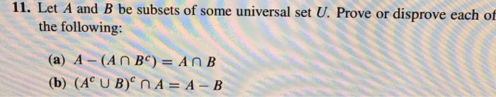 Solved 11. Let A and B be subsets of some universal set U. | Chegg.com