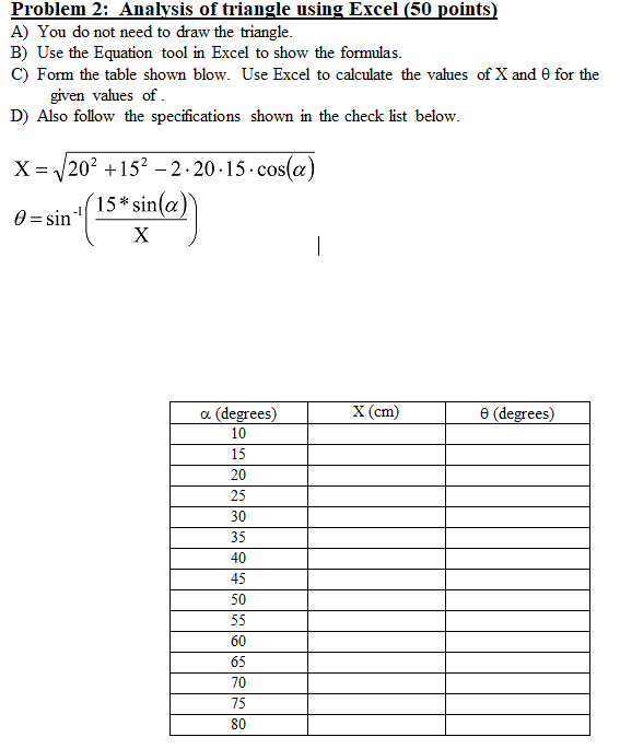 Solved Problem 2: Analysis of triangle using Excel (50 | Chegg.com