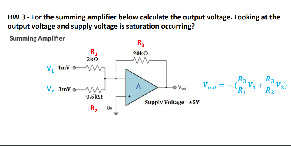 Solved HW 3 - For the summing amplifier below calculate the | Chegg.com