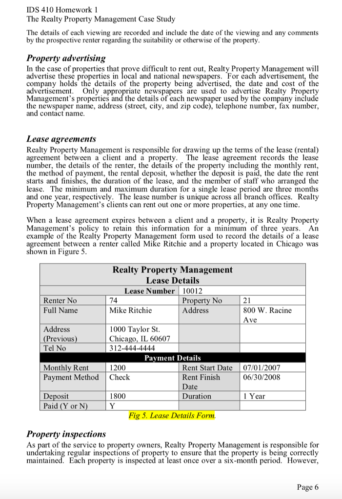 IDS 410 Homework I The Realty Property Management | Chegg.com