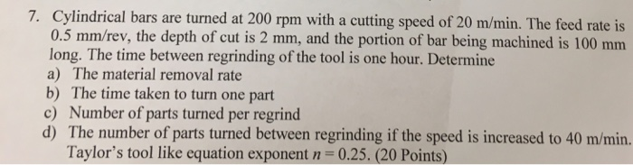 Solved 7. Cylindrical bars are turned at 200 rpm with a | Chegg.com