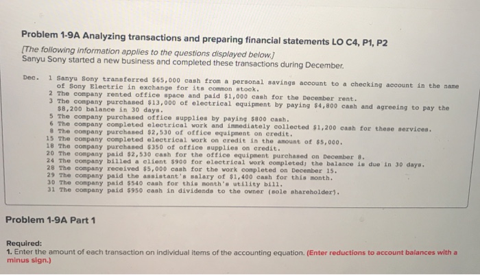 Solved Problem 1-9A Analyzing transactions and preparing | Chegg.com