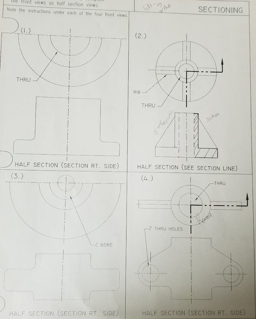the front views as half section views SECTIONING Note | Chegg.com