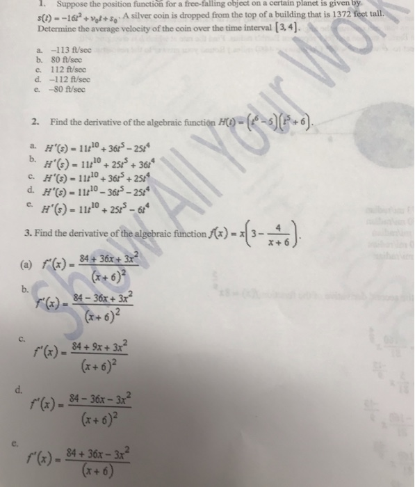 Solved 1. Suppose the position function for a free-falling | Chegg.com