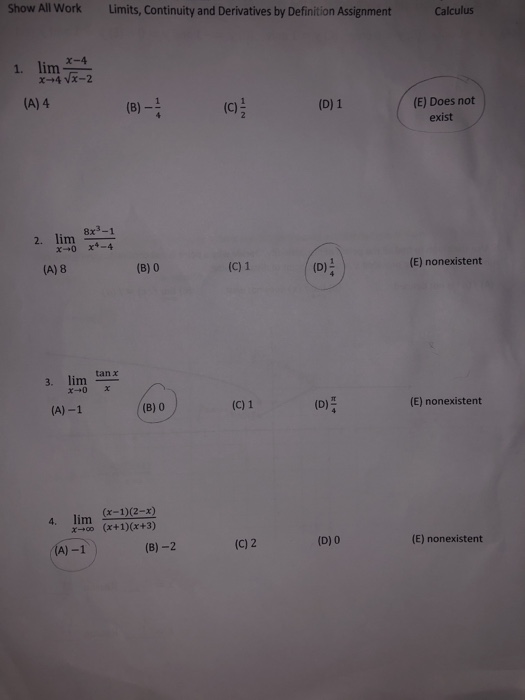 Solved Show All Work Limits, Continuity and Derivatives by | Chegg.com
