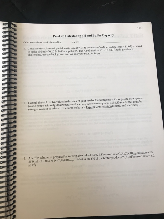 Solved 151 Pre-Lab Calculating pH and Buffer Capacity (You | Chegg.com