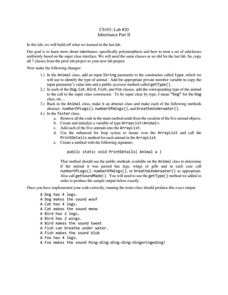 Solved CS 101 : Lab #20 Inheritance Part II In this lab, we | Chegg.com