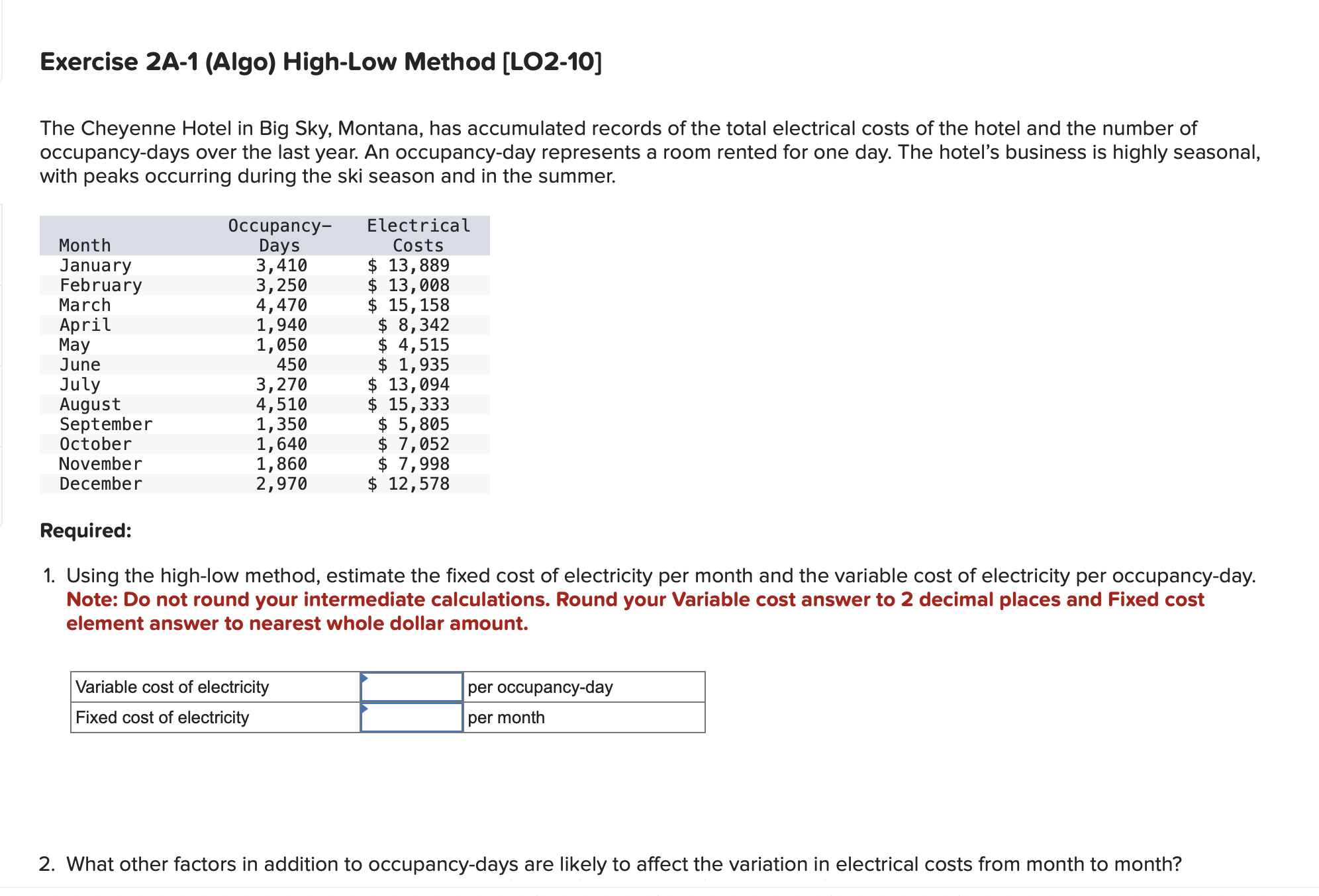 Solved Exercise 2A-1 (Algo) ﻿High-Low Method [LO2-10]The | Chegg.com