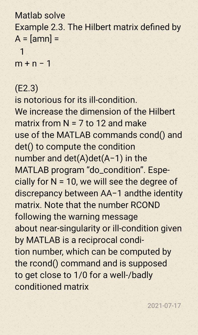 Matlab solve Example 2.3. The Hilbert matrix defined | Chegg.com