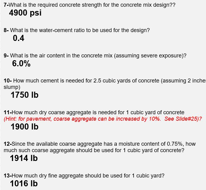 Solved Concrete mix design A section of concrete pavement | Chegg.com