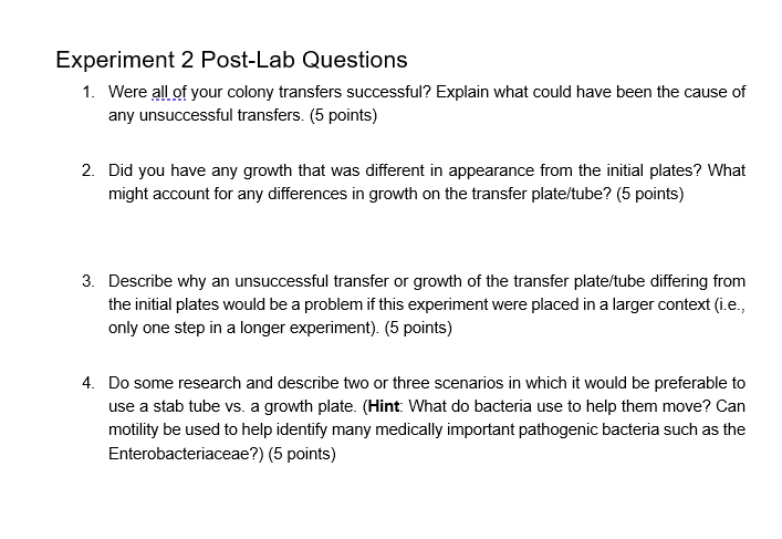 EXPERIMENT 2: BACTERIAL TRANSFER TO A STAB TUBE AND | Chegg.com