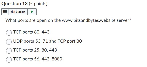 Solved Question 13 (5 ﻿points)What ports are open on the | Chegg.com