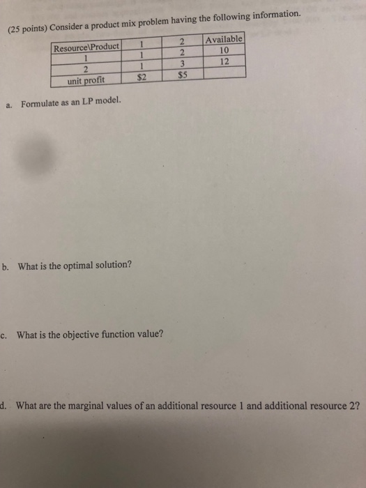 Solved (25 points) Consider a product mix problem having the | Chegg.com