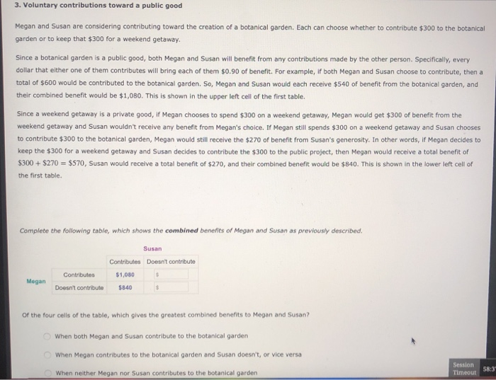 Solved 3. Voluntary contributions toward a public good Megan | Chegg.com