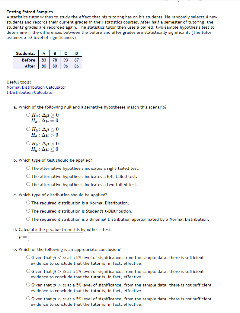 Solved Testing Paired Samples A statistics tutor wishes to | Chegg.com