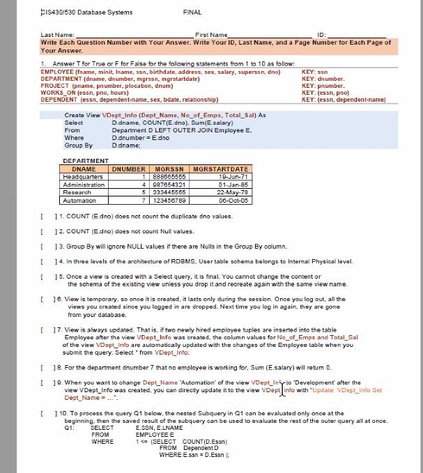 Solved Last Name: First Name ID: Write Each Question Number | Chegg.com