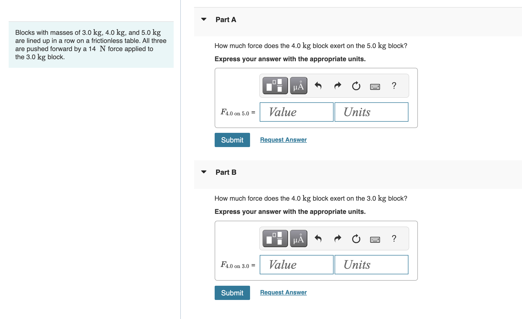 Solved Part ABlocks with masses of 3.0kg,4.0kg, ﻿and | Chegg.com