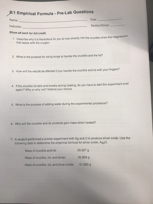 Solved 1 Empirical Formula - Pre-Lab Questions Name: | Chegg.com