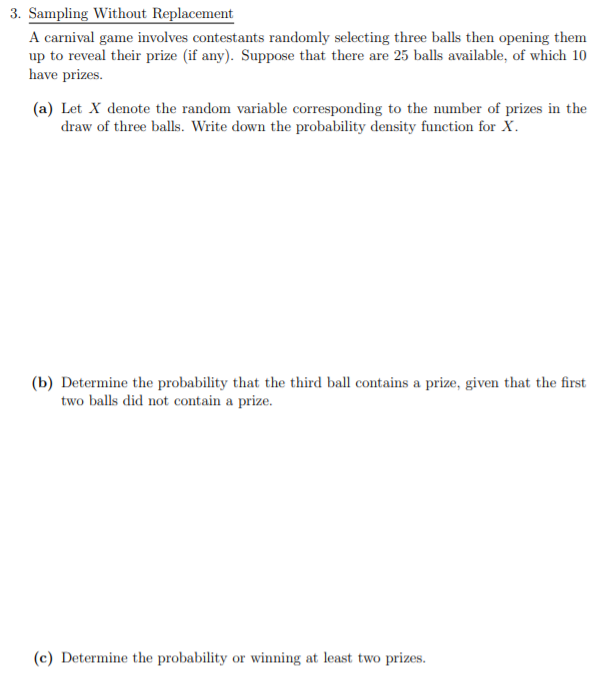 Solved 3. Sampling Without Replacement A carnival game | Chegg.com