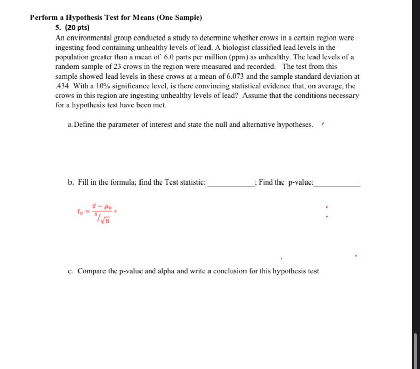 Solved Perform a Hypothesis Test for Means (One Sample) 5. | Chegg.com