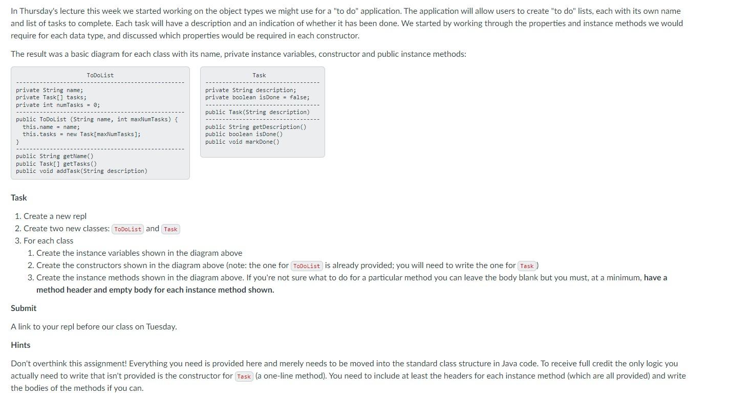 Solved In Thursday's lecture this week we started working on | Chegg.com
