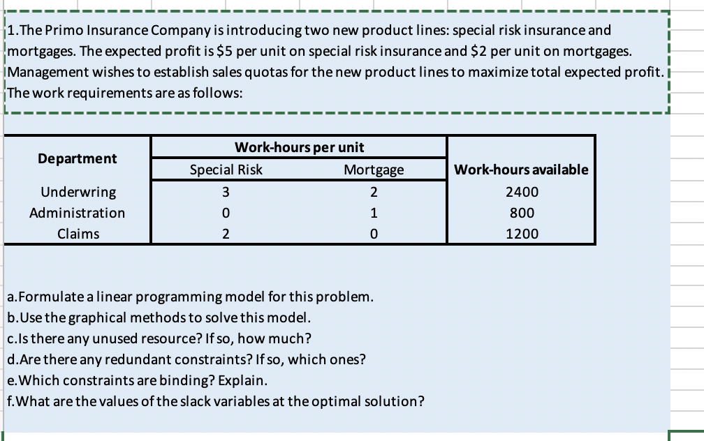 Solved 1.The Primo Insurance Company is introducing two new | Chegg.com