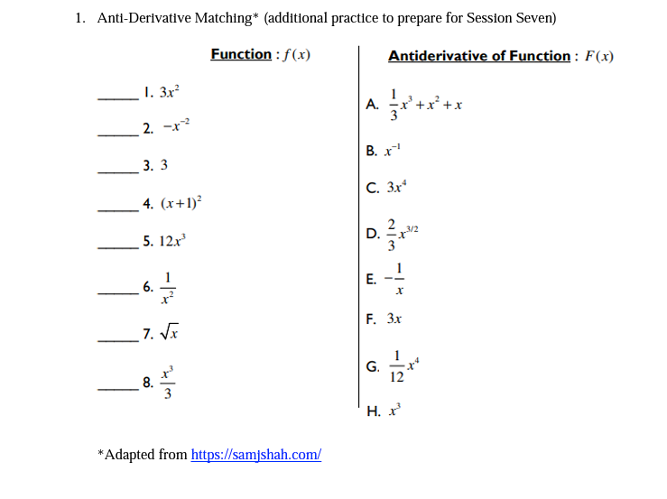 Solved 1. Anti-Derivative Matching* (additional practice to | Chegg.com