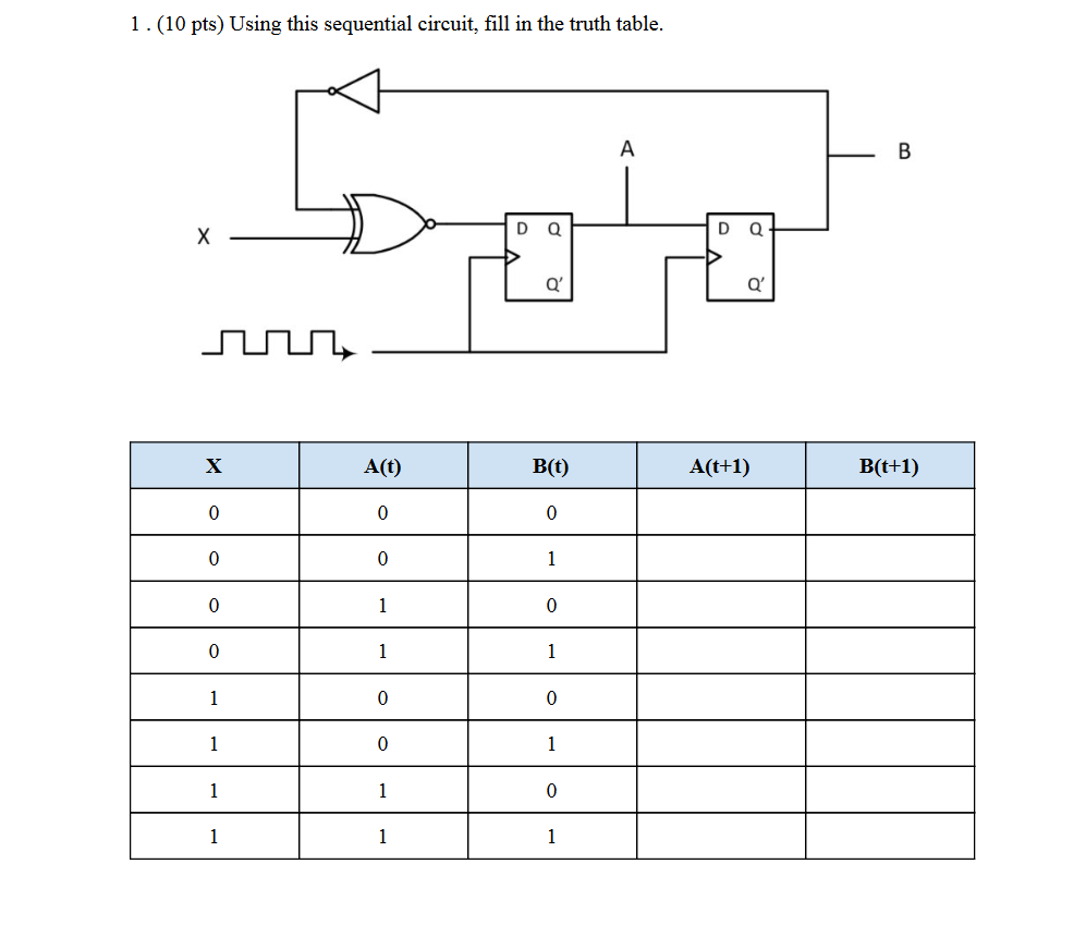 Solved 1. (10 pts) Using this sequential circuit, fill in | Chegg.com