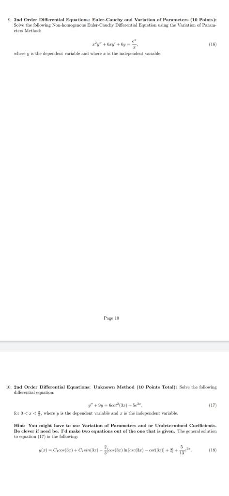 Solved 9. 2nd Order Differential Equations: Euler-Cauchy and | Chegg.com