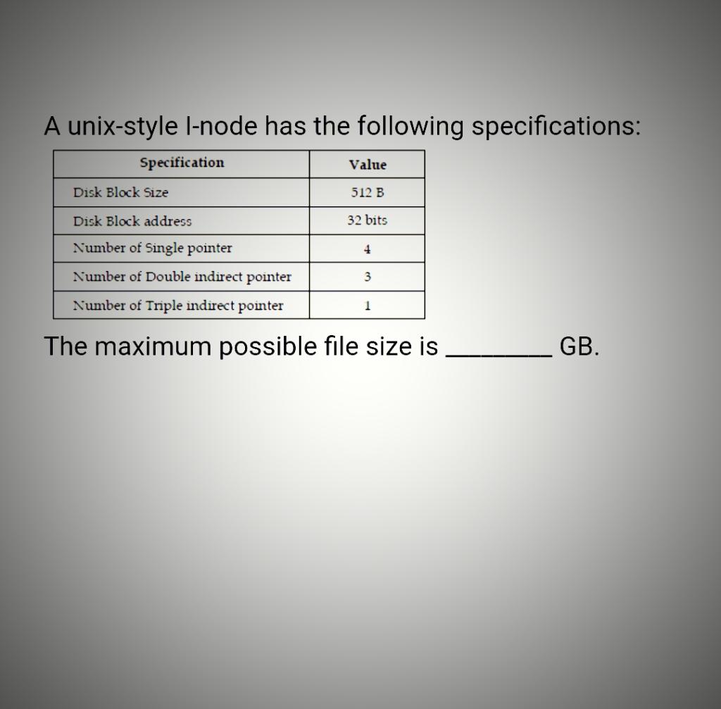 Solved A unix-style l-node has the following specifications: | Chegg.com