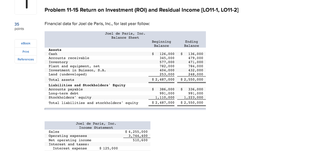Solved Problem 11-15 Return on Investment (ROI) and Residual | Chegg.com Solved Problem 11-15 Return on Investment (ROI) and Residual | Chegg.com