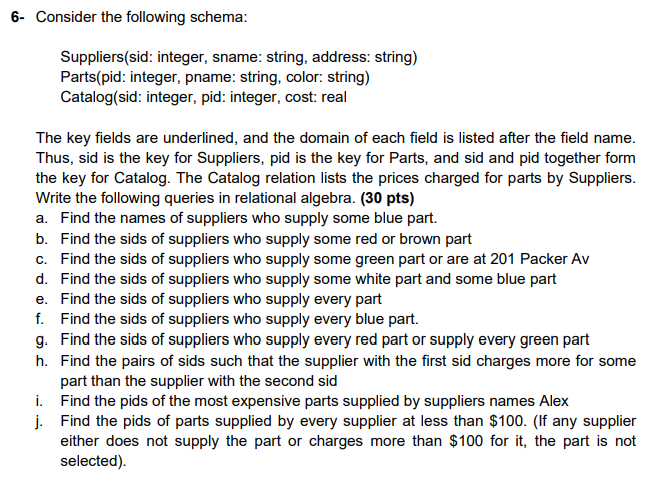 Solved 6- Consider the following schema: Suppliers(sid: | Chegg.com
