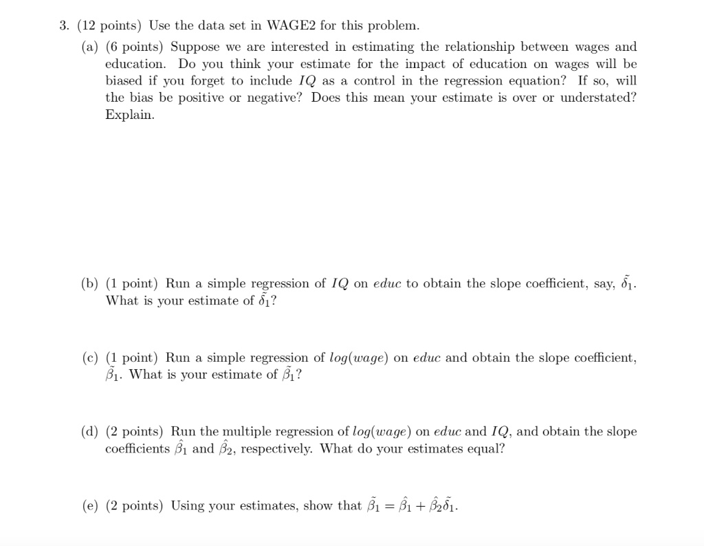 3. (12 points) Use the data set in WAGE2 for this | Chegg.com