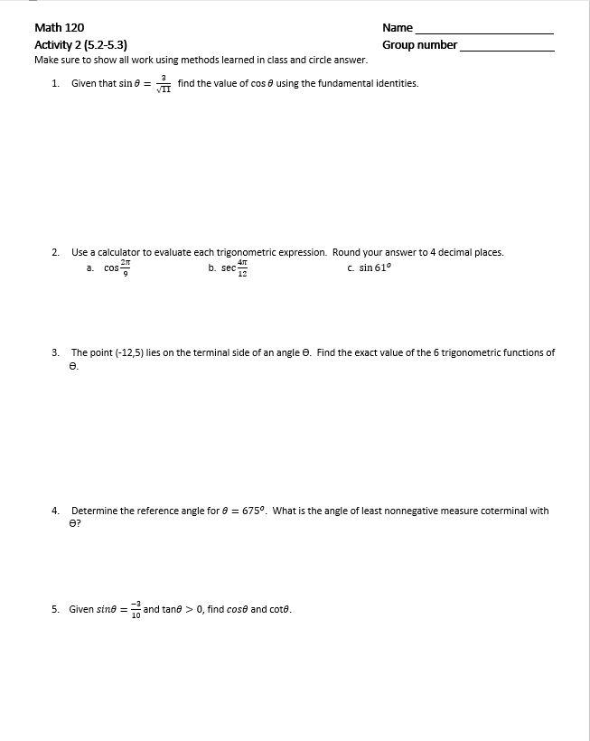 Solved Math 120 Name Activity 2 (5.2-5.3) Group number Make | Chegg.com