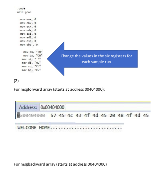 . code main proc mov eax, mov ebx, o mov ecx, e mov | Chegg.com