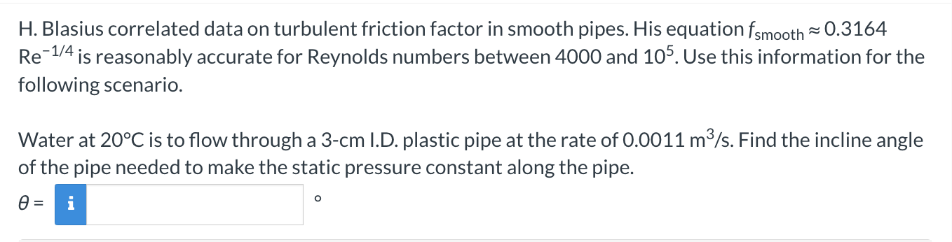 Solved H. ﻿Blasius correlated data on ﻿turbulent friction | Chegg.com