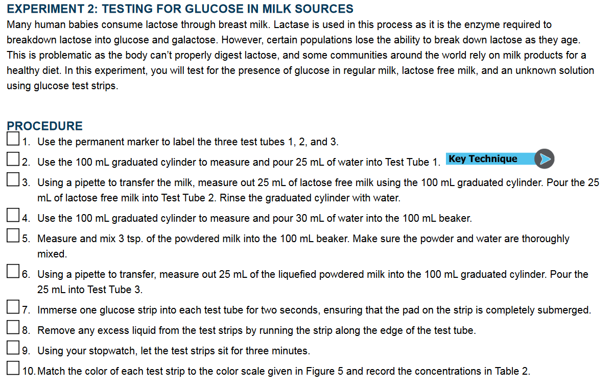EXPERIMENT 2: TESTING FOR GLUCOSE IN MILK SOURCES | Chegg.com