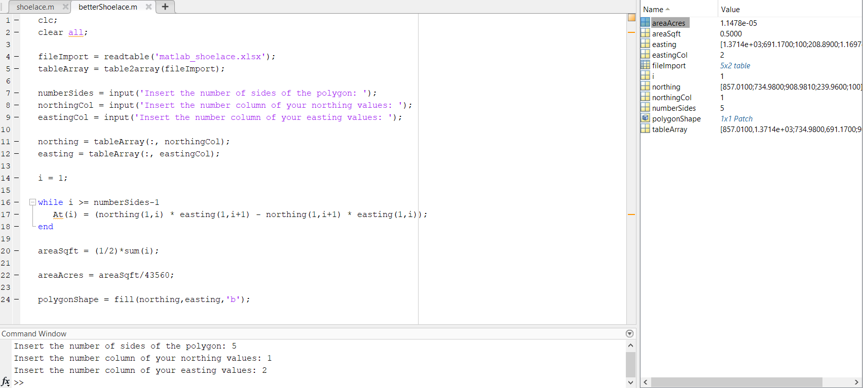 + Name Value 1 shoelace.m betterShoelace.m clc; clear | Chegg.com