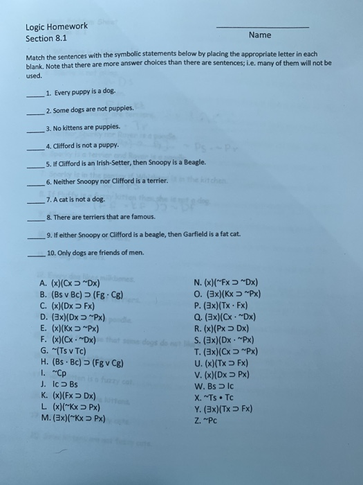 Solved Logic Homework Section 8.1 Name Match the sentences | Chegg.com