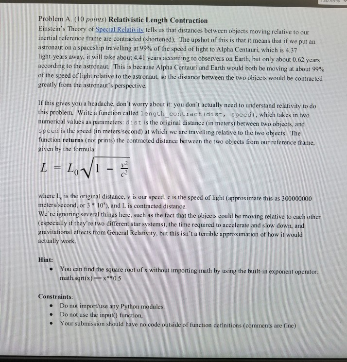 Solved 130.s5 70 Problem A. (10 points) Relativistic Length | Chegg.com
