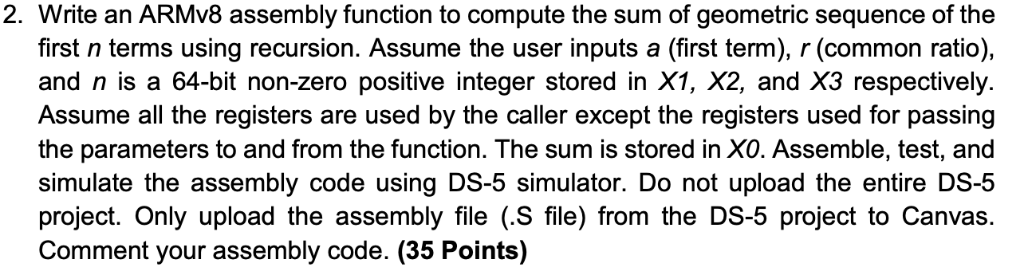 2. Write an ARMv8 assembly function to compute the | Chegg.com