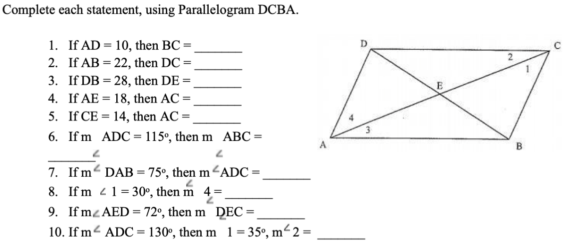 Solved Complete each statement, using Parallelogram DCBA. = | Chegg.com
