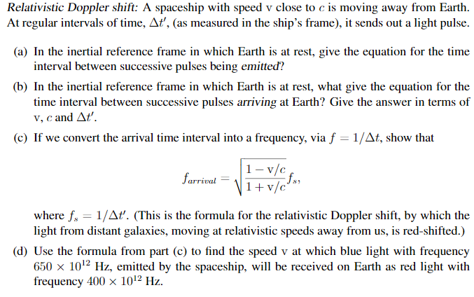 Solved Relativistic Doppler shift: A spaceship with speed v | Chegg.com