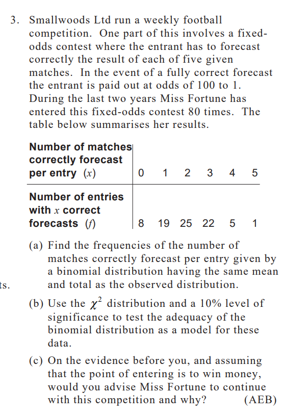 Solved 3. Smallwoods Ltd run a weekly football competition. | Chegg.com